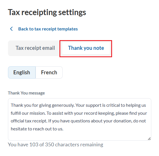 Customize the Tax Receipt Thank You Note
